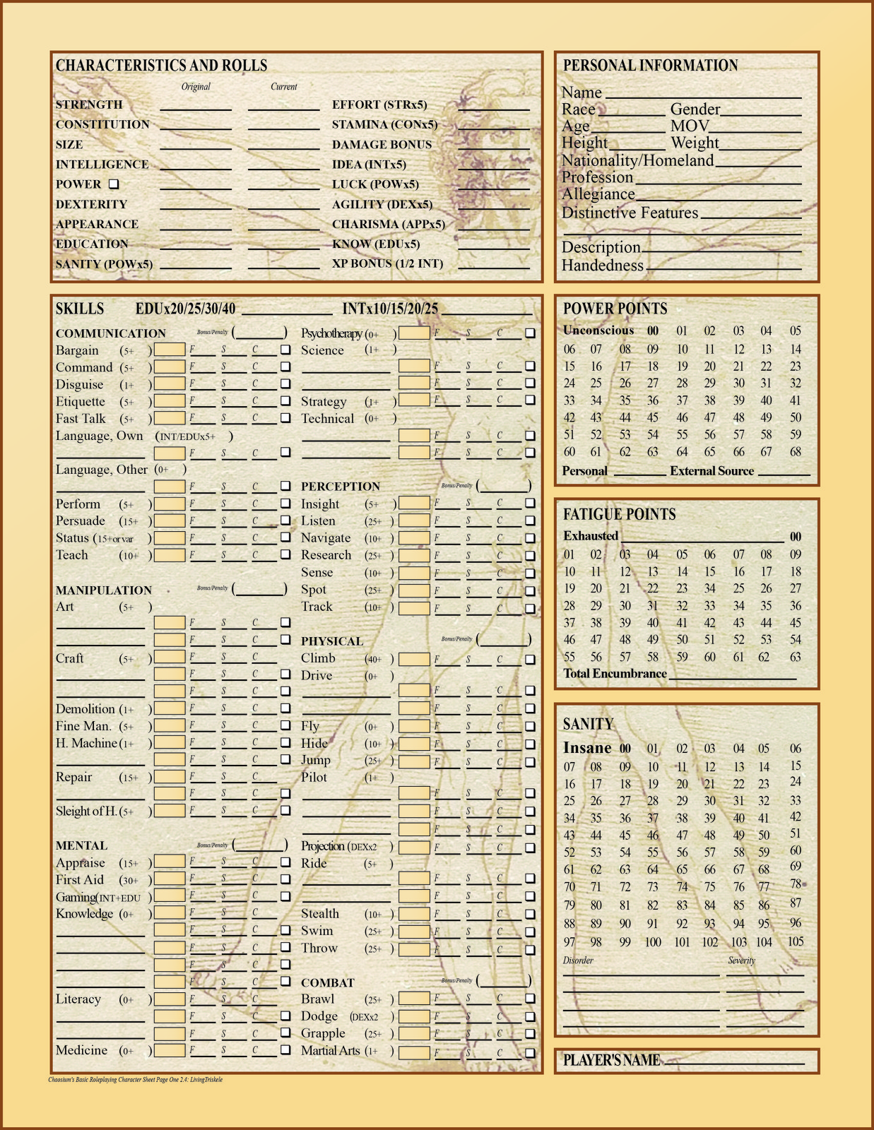 Steve Devaney - Chasium Basic RolePlaying Character Sheet Page 1