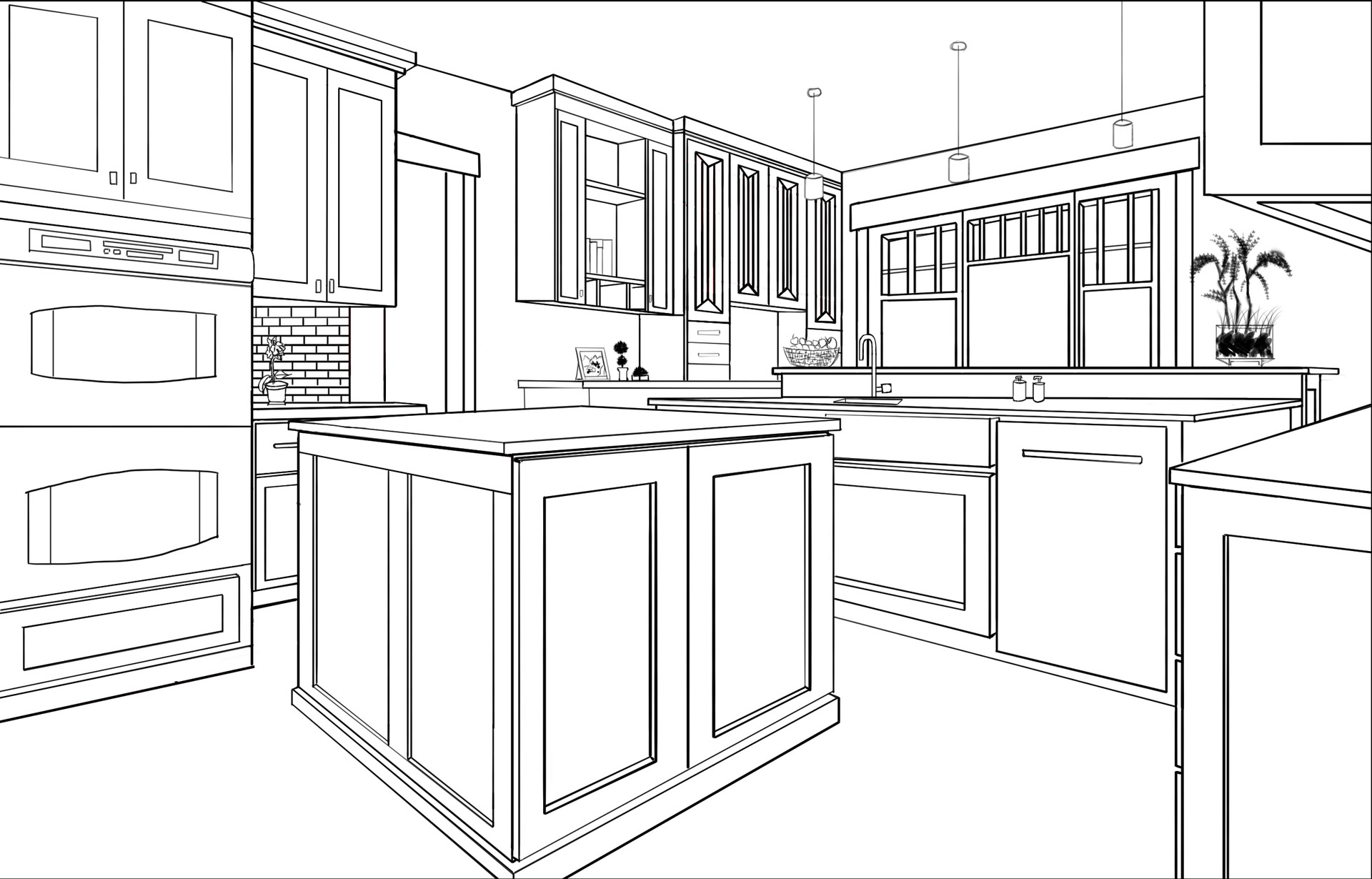 how to draw 2 point perspective kitchen