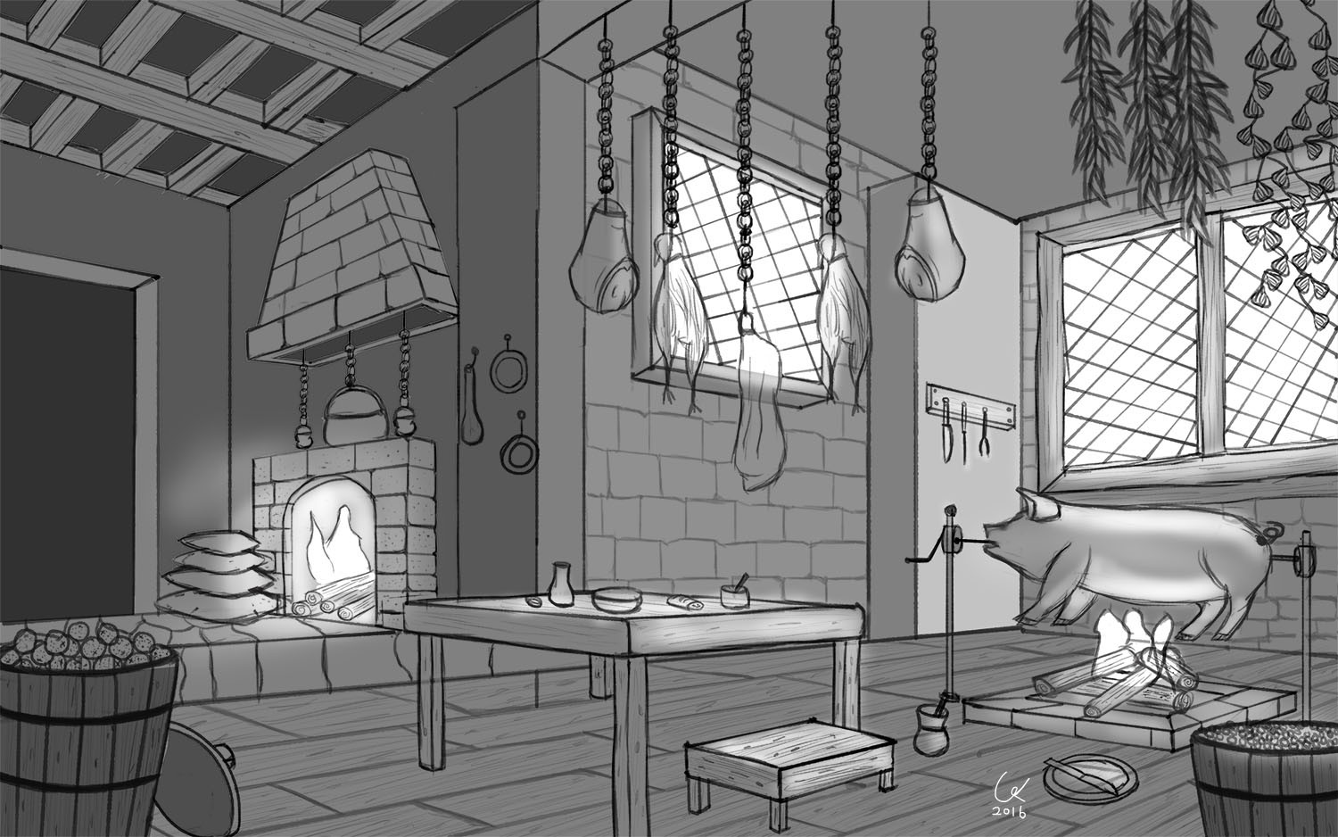 how to draw 2 point perspective kitchen