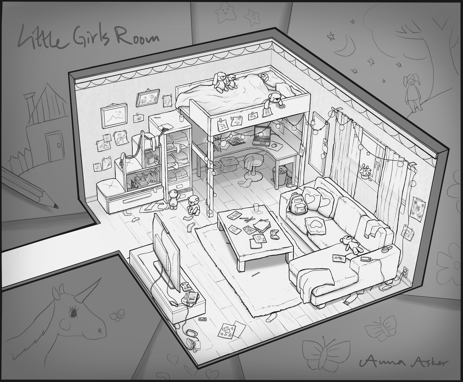 how to draw a girl room
