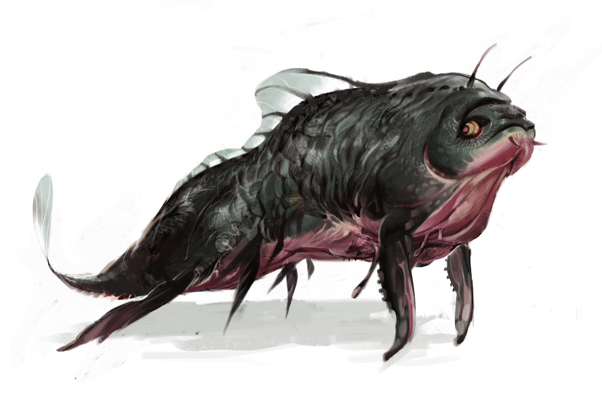 ArtStation - Fish Creature and red dragon drawing