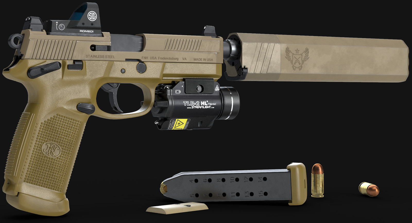FMJ_3d - FN FNX-45 Tactical, Sight, Flashlight, Silencer (High-poly)