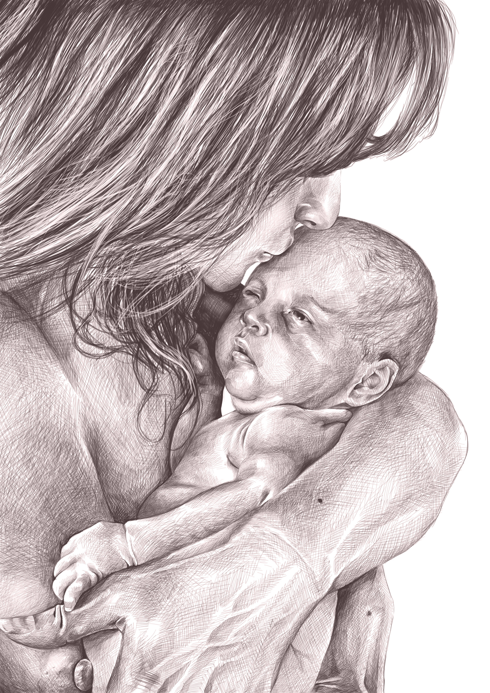 mother and son drawing realistic