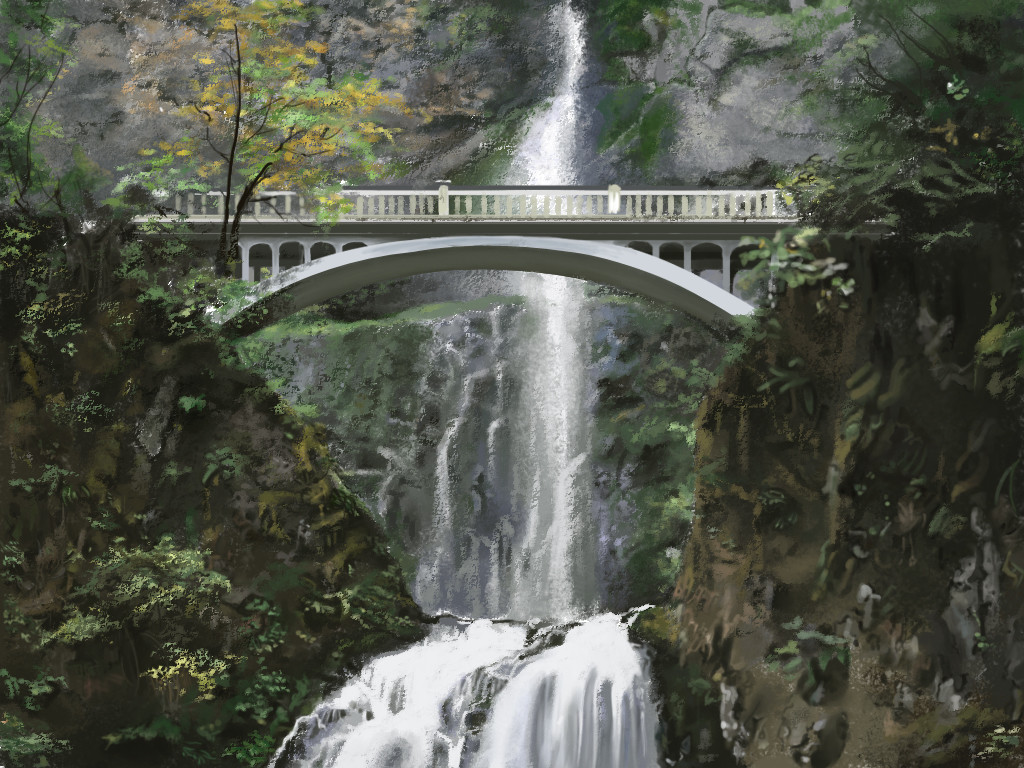ArtStation - Bridge in front of a waterfall.