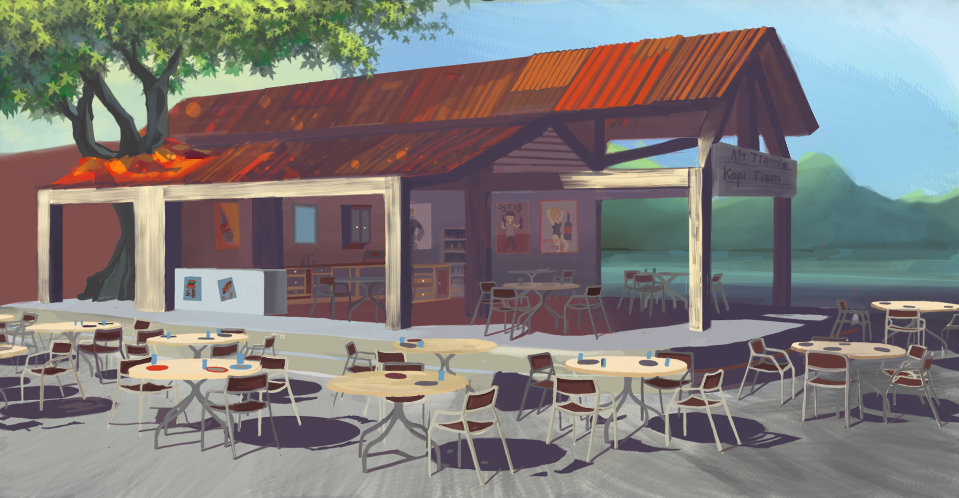 ArtStation - cafe by tree