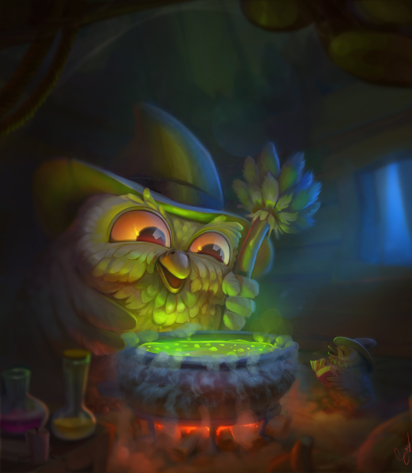 ArtStation - Cooking potion - witch owl