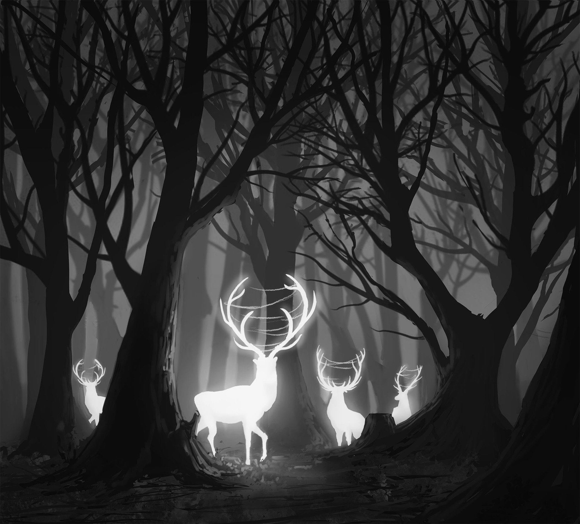 ArtStation - "Deer Spirits"(grey scale)