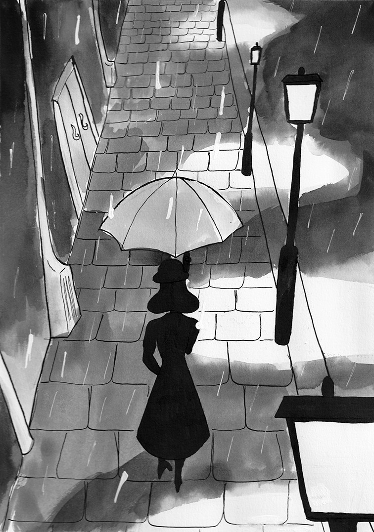 how to draw a girl walking in the rain