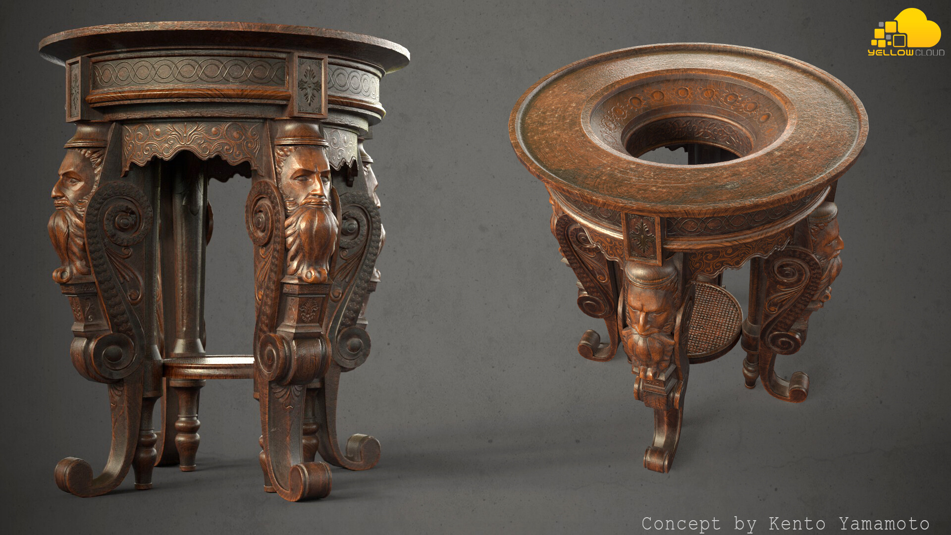 Yellow Cloud - Wooden round table- Game Art