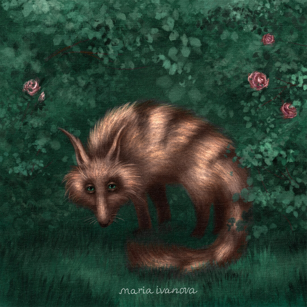 ArtStation - Fluffy Creature In Front Of Rose Bushes