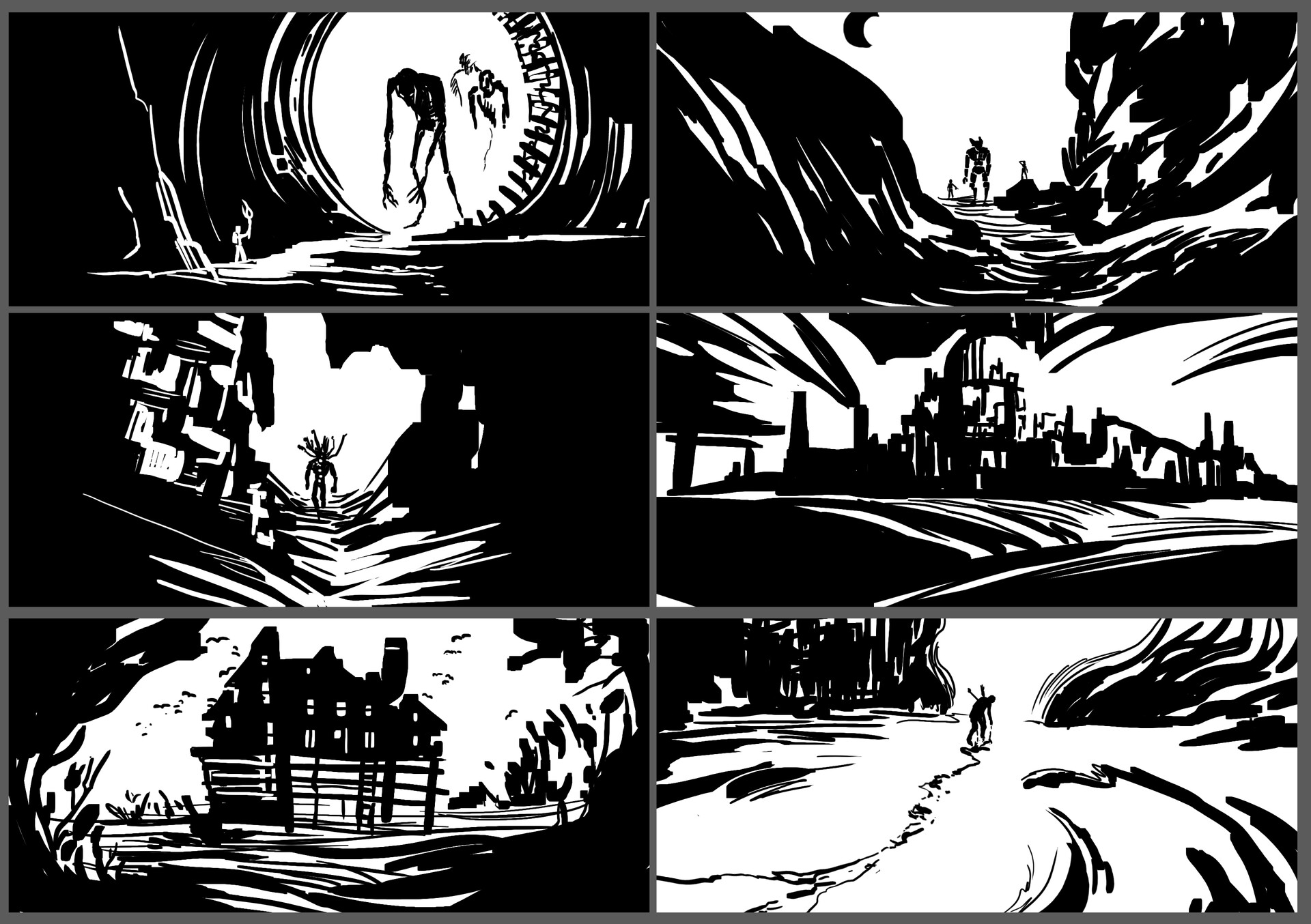 ArtStation - Black and White Thumbnails Composition Sketches