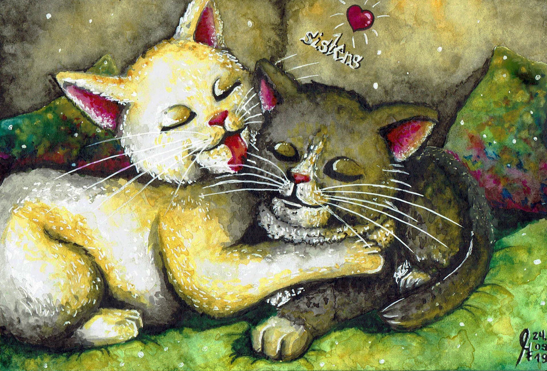 ArtStation - Lovely cat sisters illustration