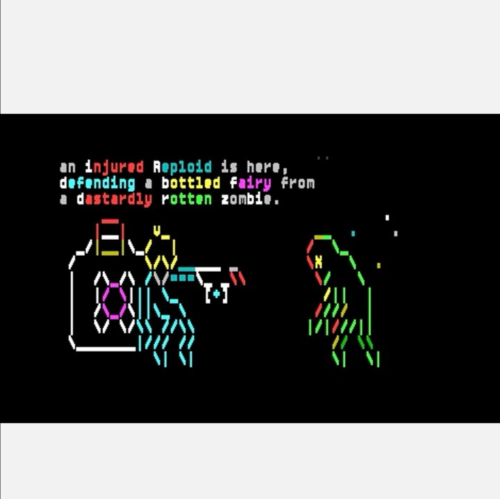 Boi - ASCII ART and ANIMATION - Reploid defending fairy from zombie