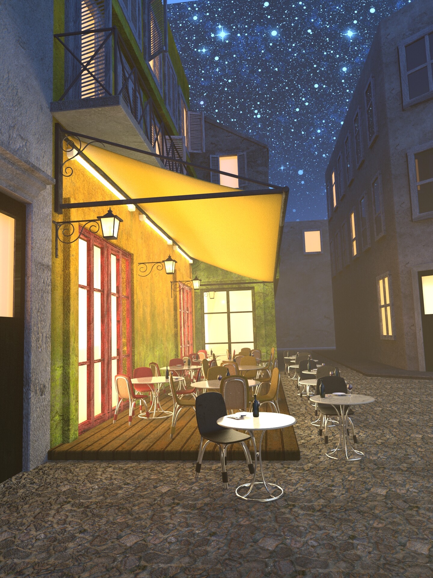 ArtStation - Cafe Terrace At Night in 3D