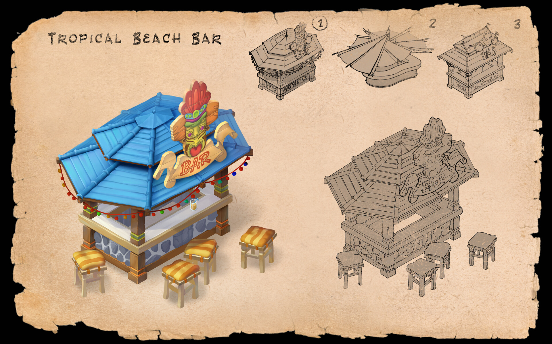 ArtStation - Tropical Beach Bar (isometric building concept)