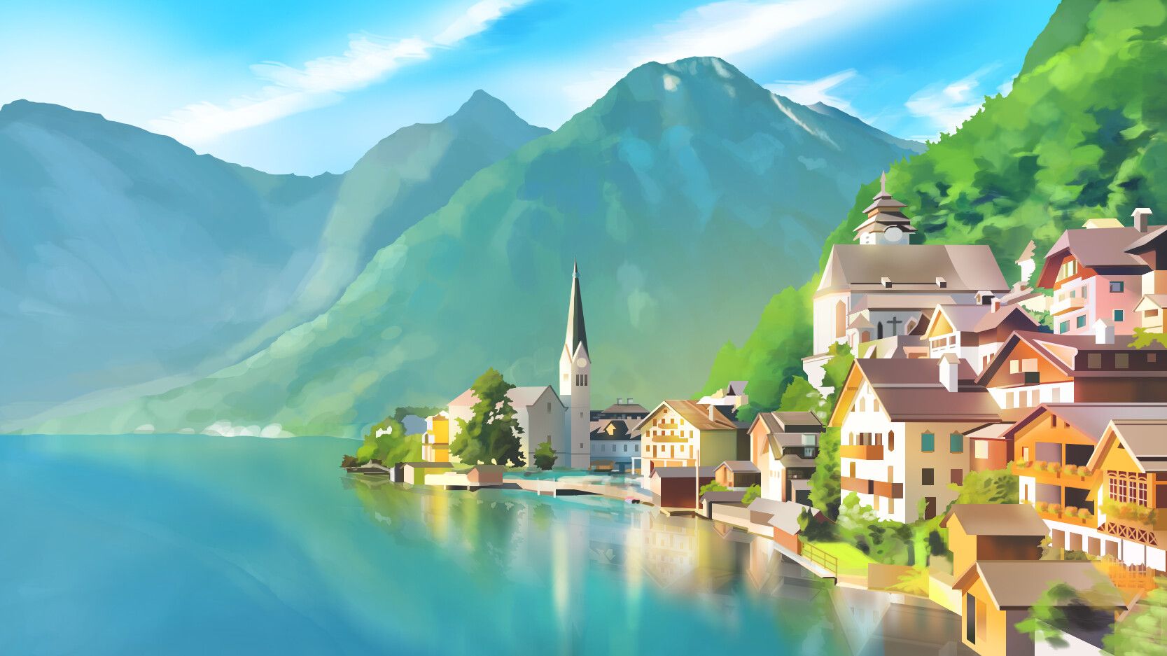 ArtStation - Quick practice: Lake scenery in small town