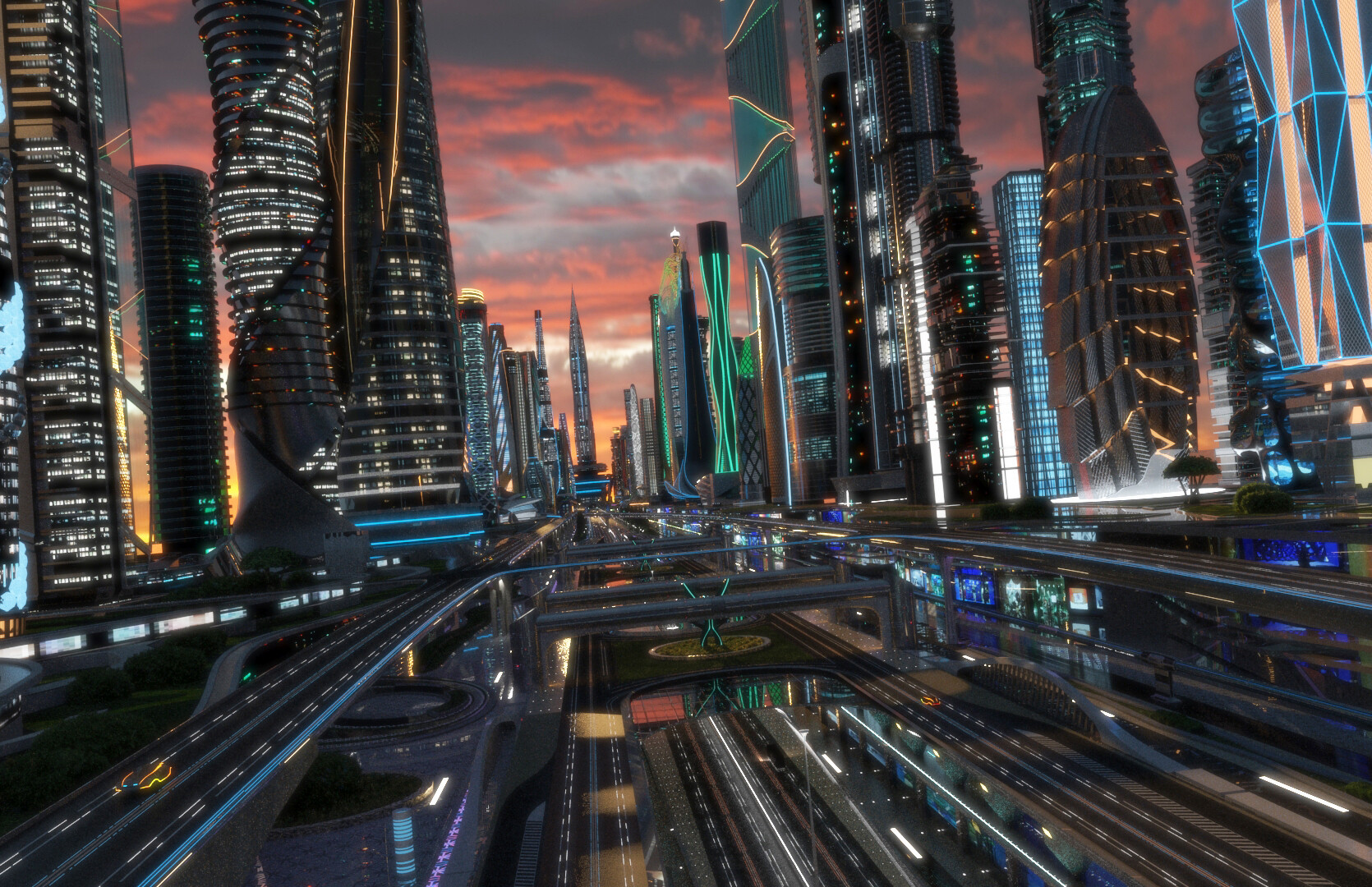 Dovjan - 3D Future City. Night. Main Street