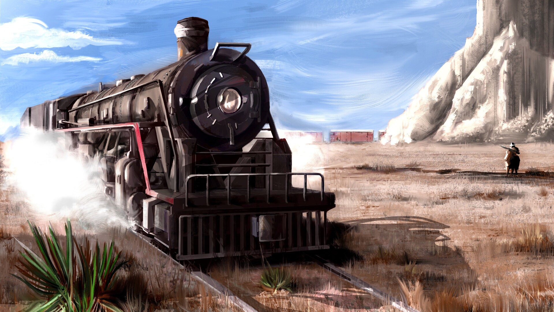 Oleg Schrader - Old train in the desert and cowboy