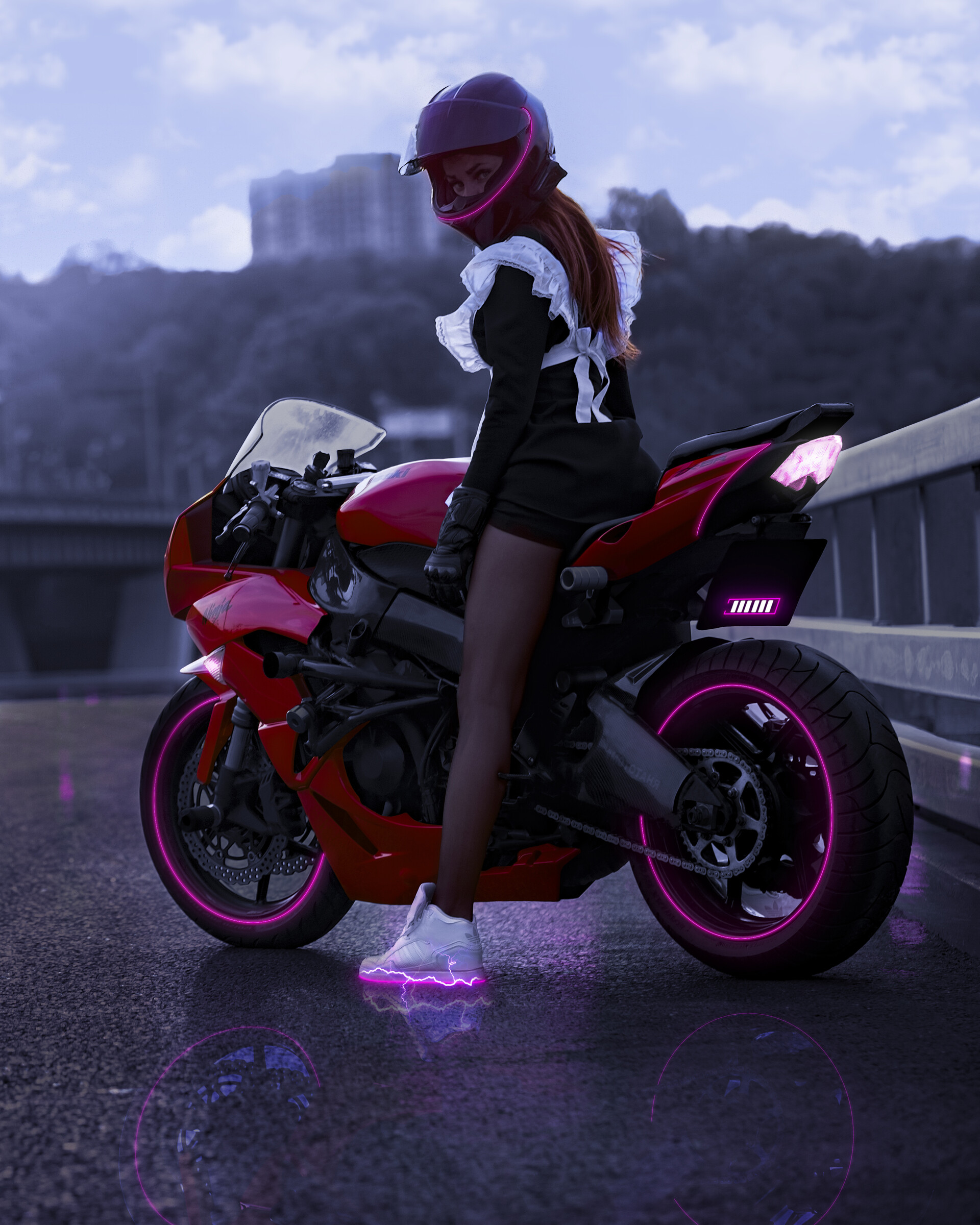 ArtStation - Neon Cyberpunk Art motorcycle girl in city road
