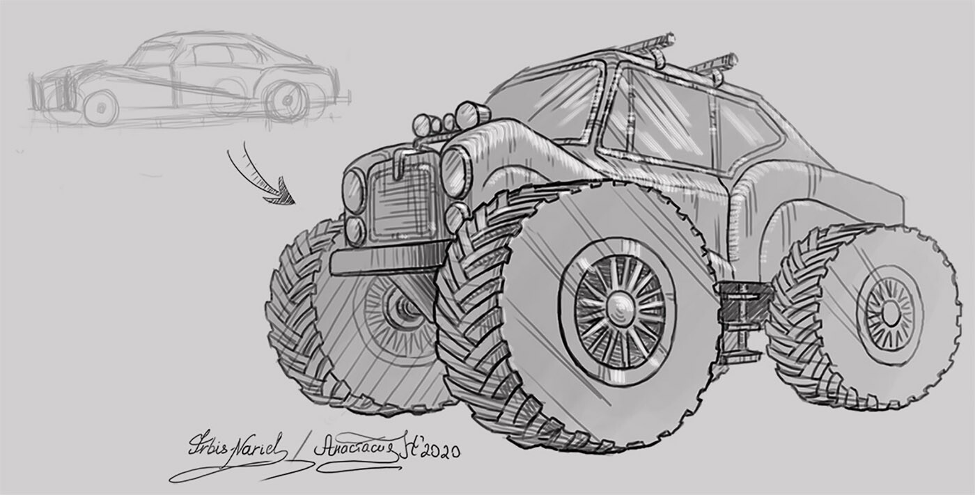 ArtStation - Big car, sketch: original and stylization, 2020.