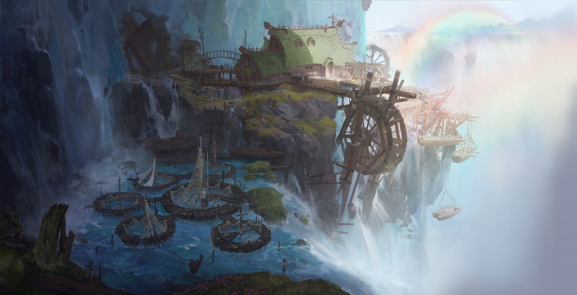ArtStation - waterfall village