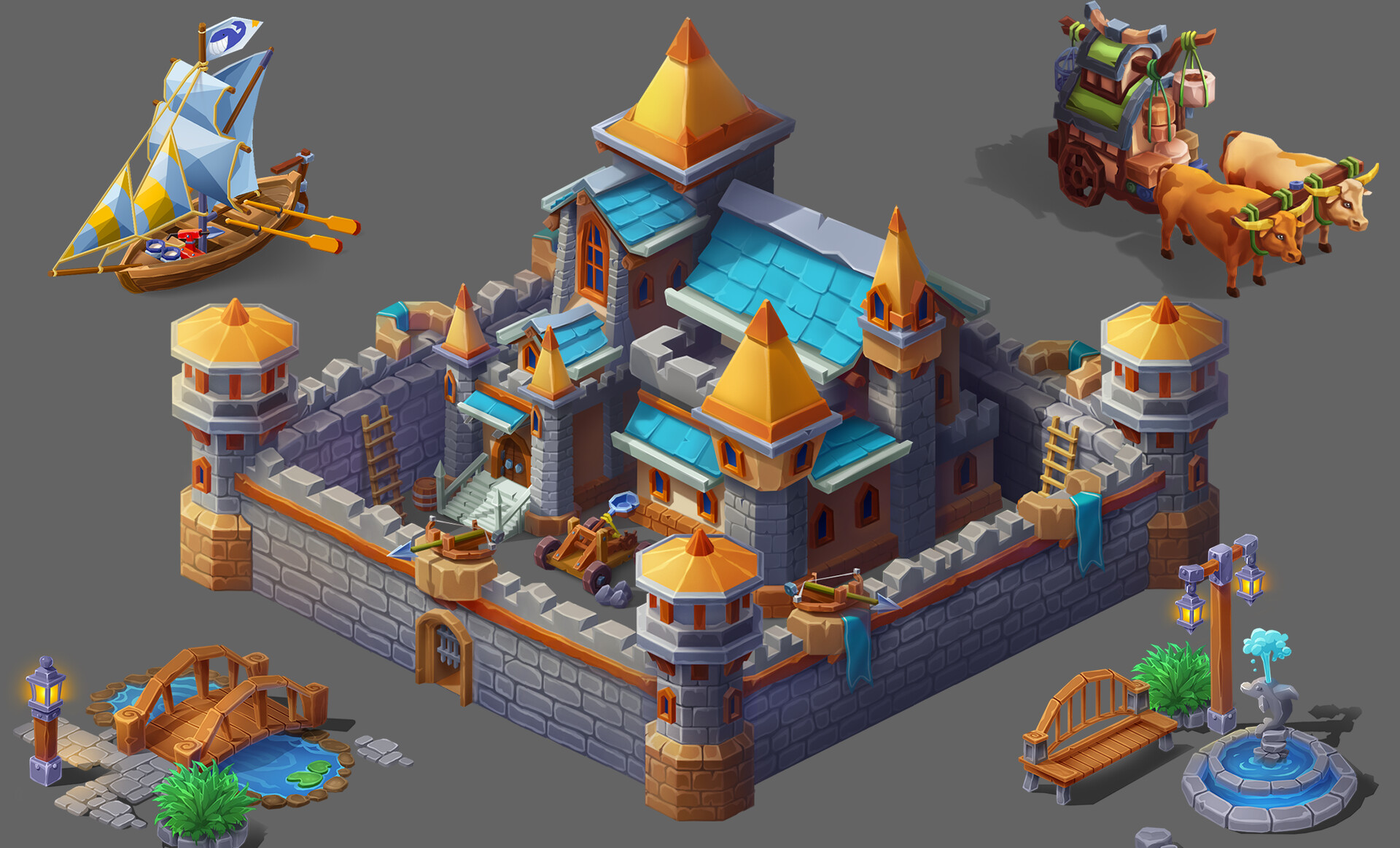 AAA Game Art Studio - Castle town (isometric, low poly)
