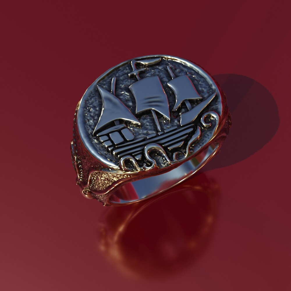 Migel Captain - ring with ship and kraken 3D print model