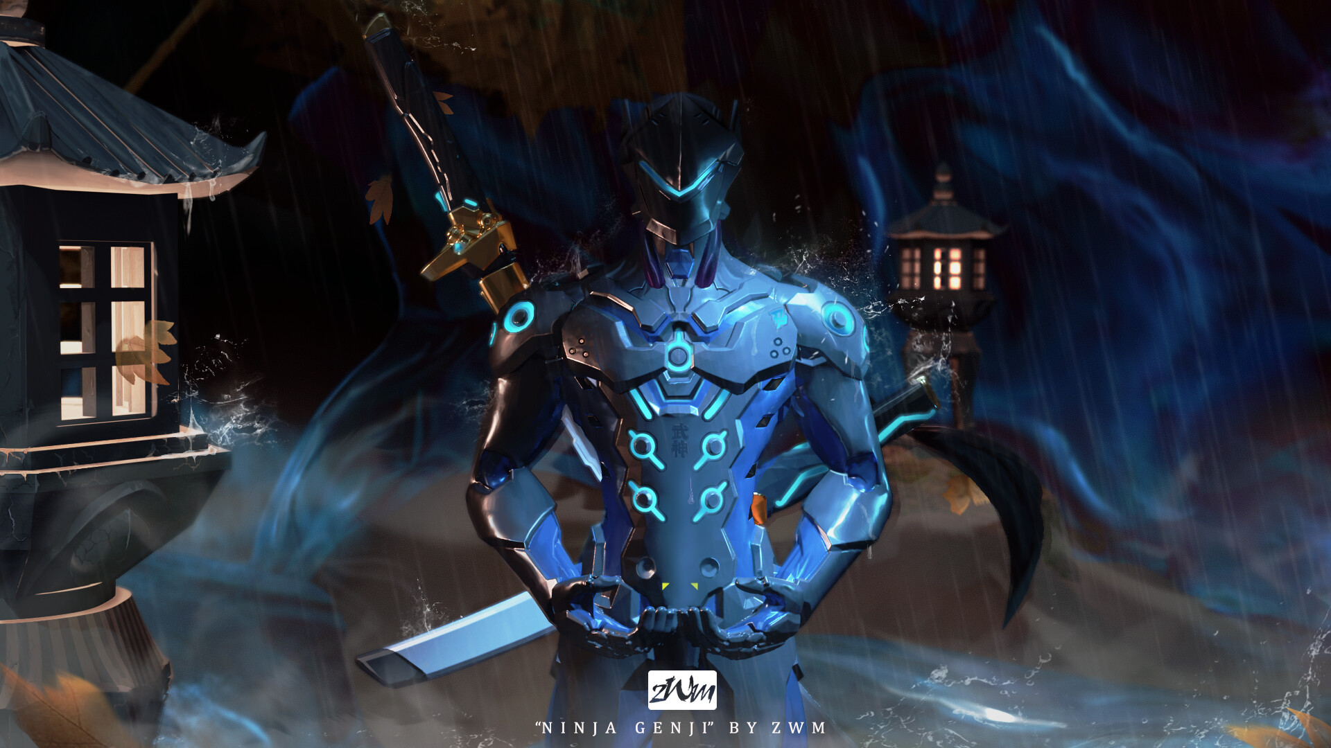 ArtStation - Genji-Carbon Black（ Practice under the rainy night waterfall）