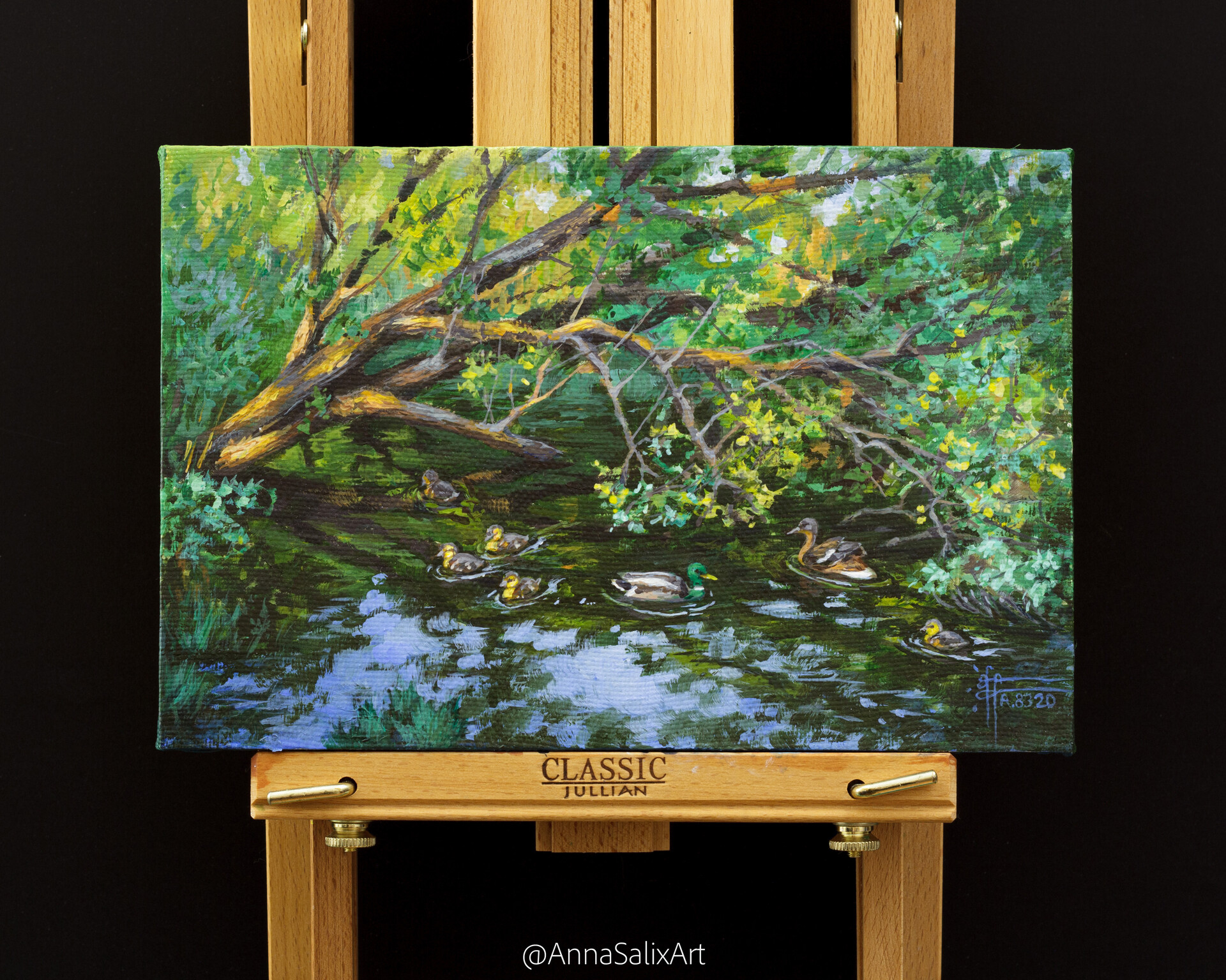 ArtStation - Acrylic plein air pond with ducks landscape painting