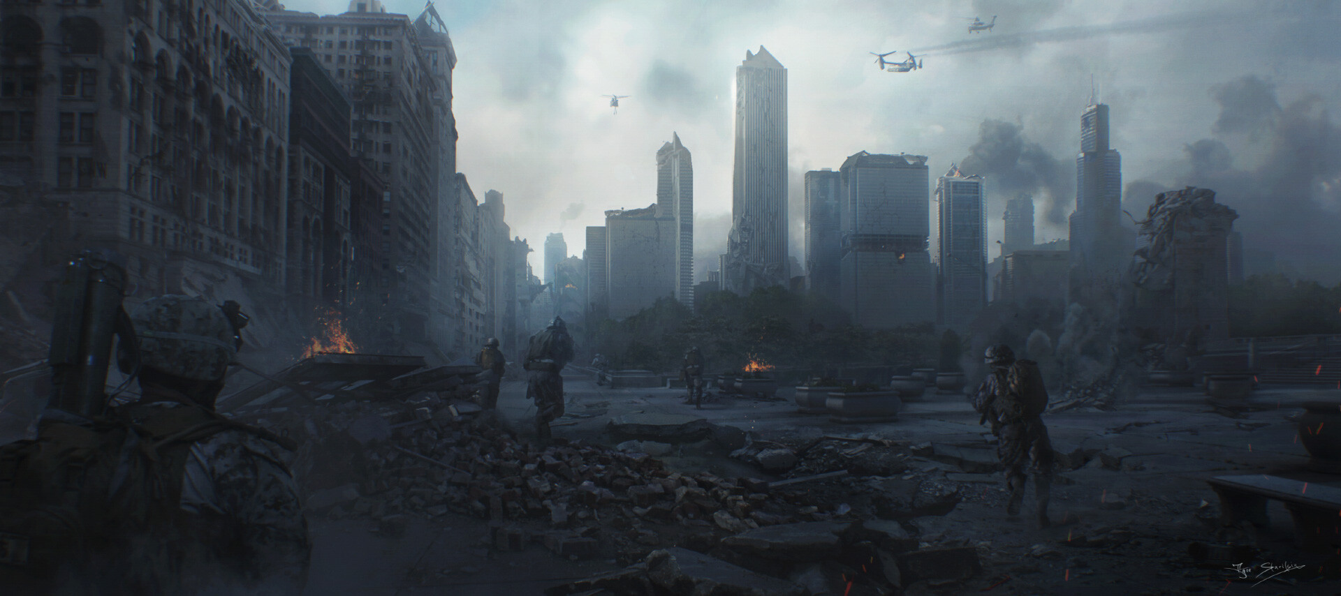 Destroyed City Game Art Poster A City Destroyed By Fire. Generative AI