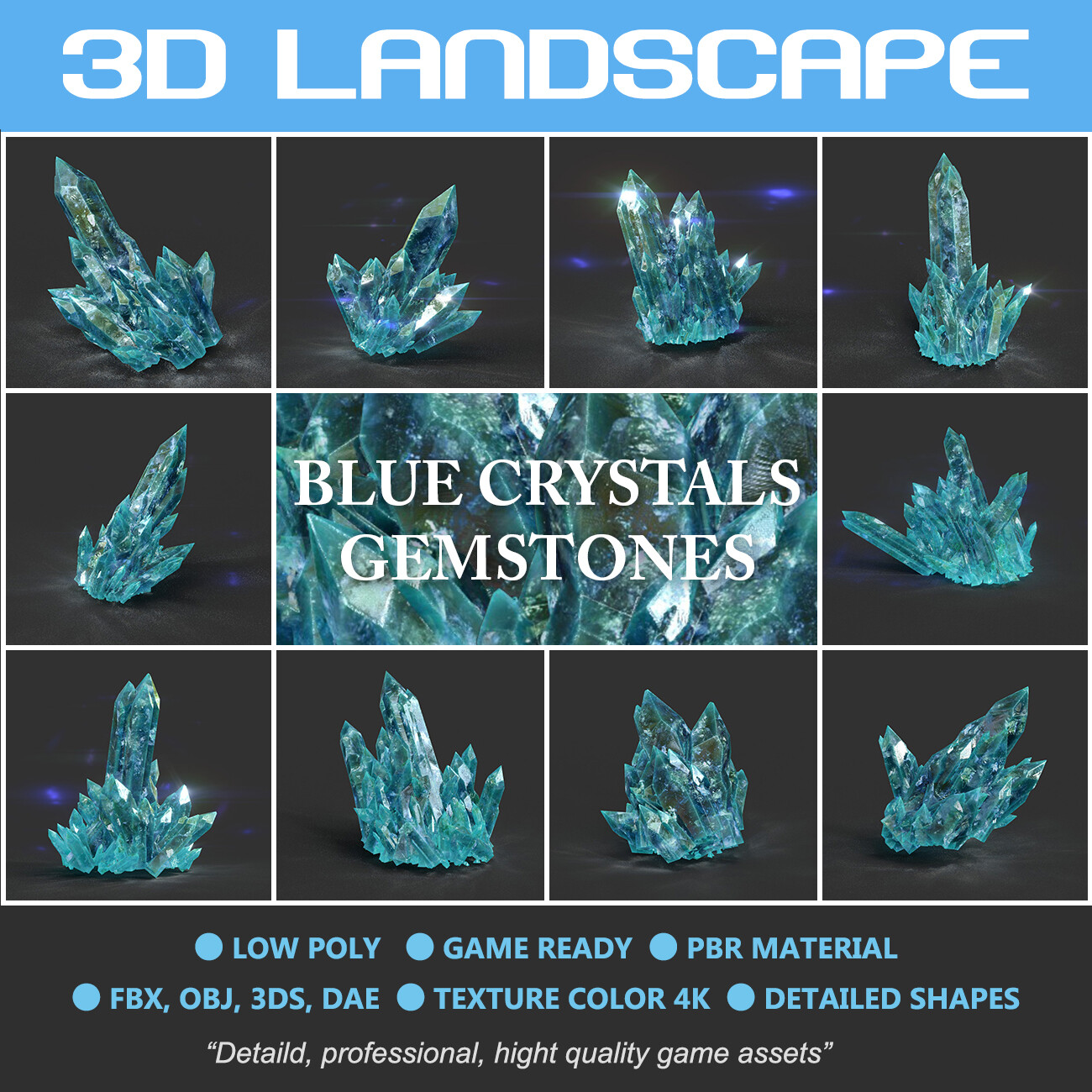ArtStation - Low poly Blue Crystal Gemstone Pack 200110