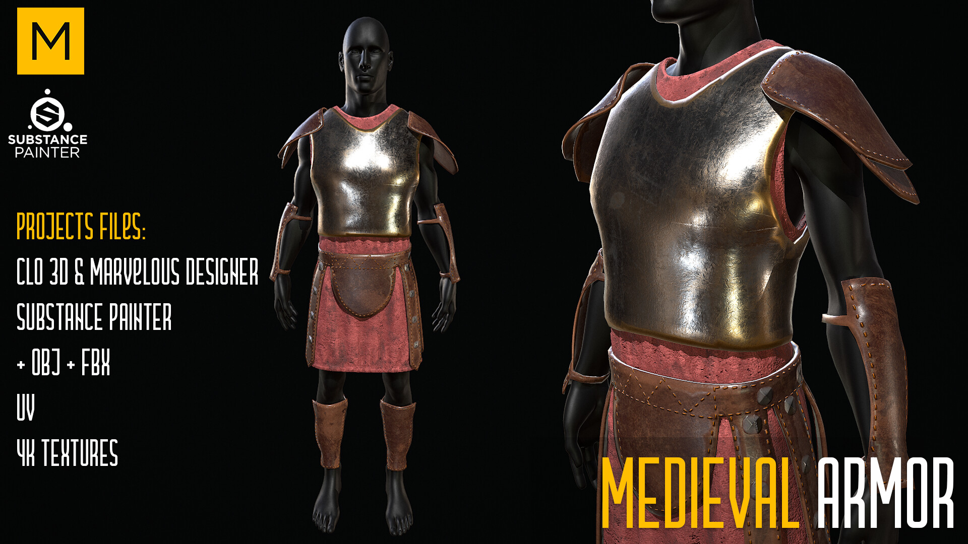 VK GameDev - Medieval Armor. CLO 3D & Marvelous & Substance projects. FBX & OBJ. 4K Textures.