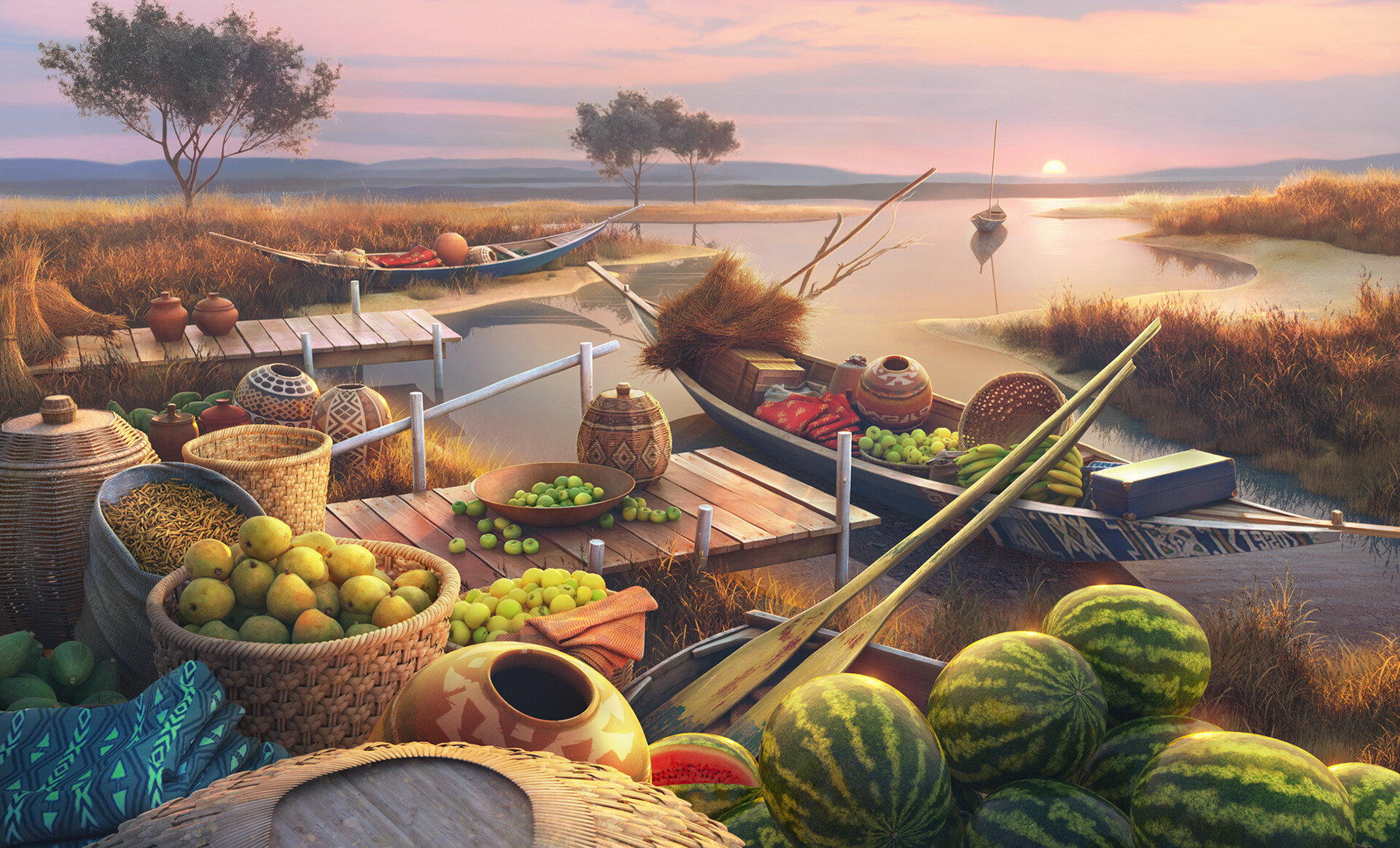 AAA Game Art Studio - Village riverbank, 2d game scene for June's Journey