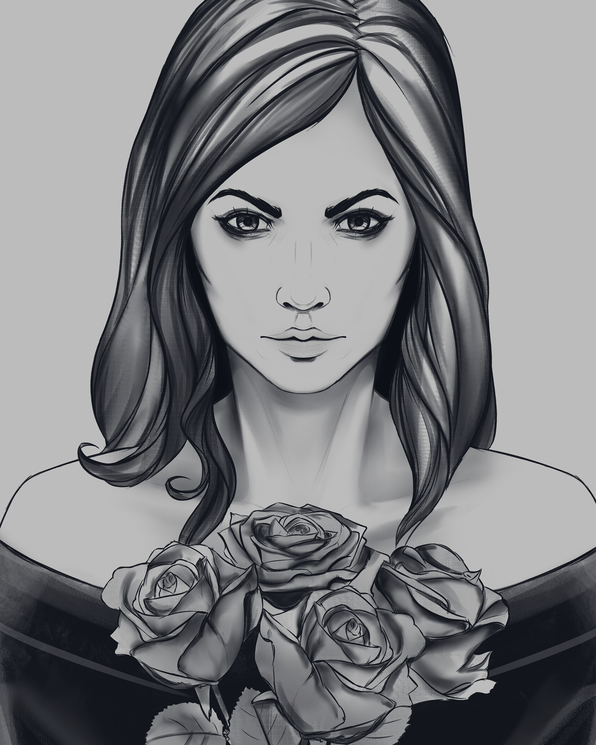 ArtStation - Girl with Roses Goth B&W