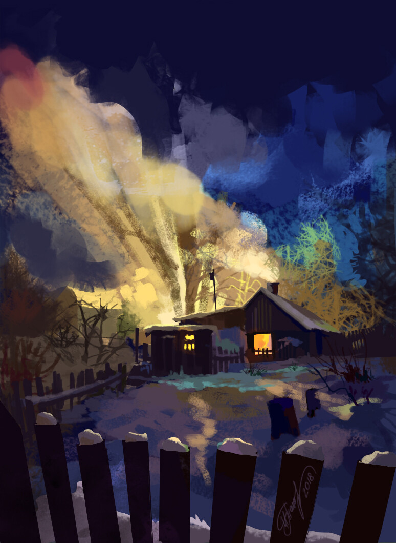 ArtStation - "Winter, night, snow, headlights"