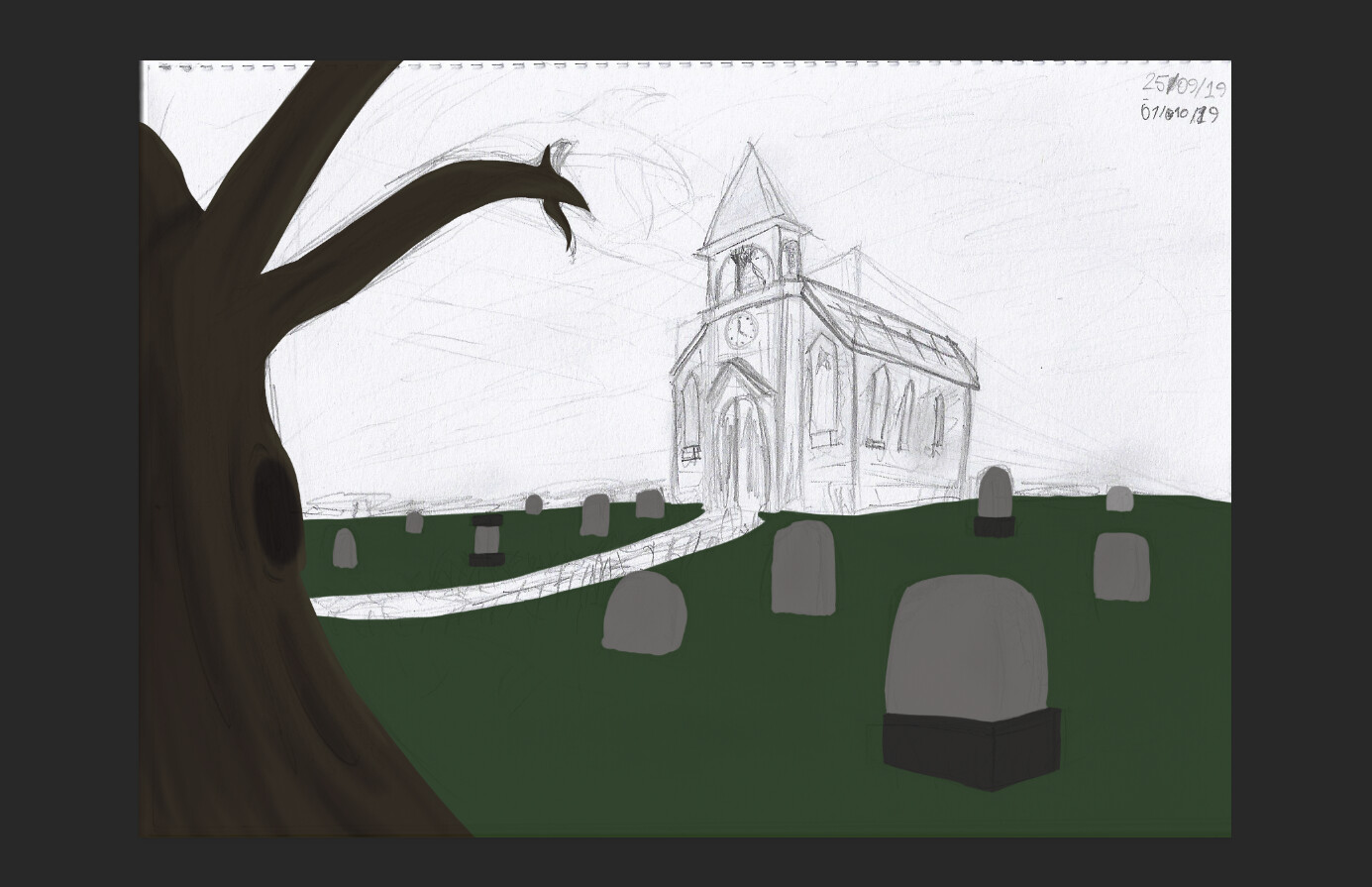 horror graveyard drawing