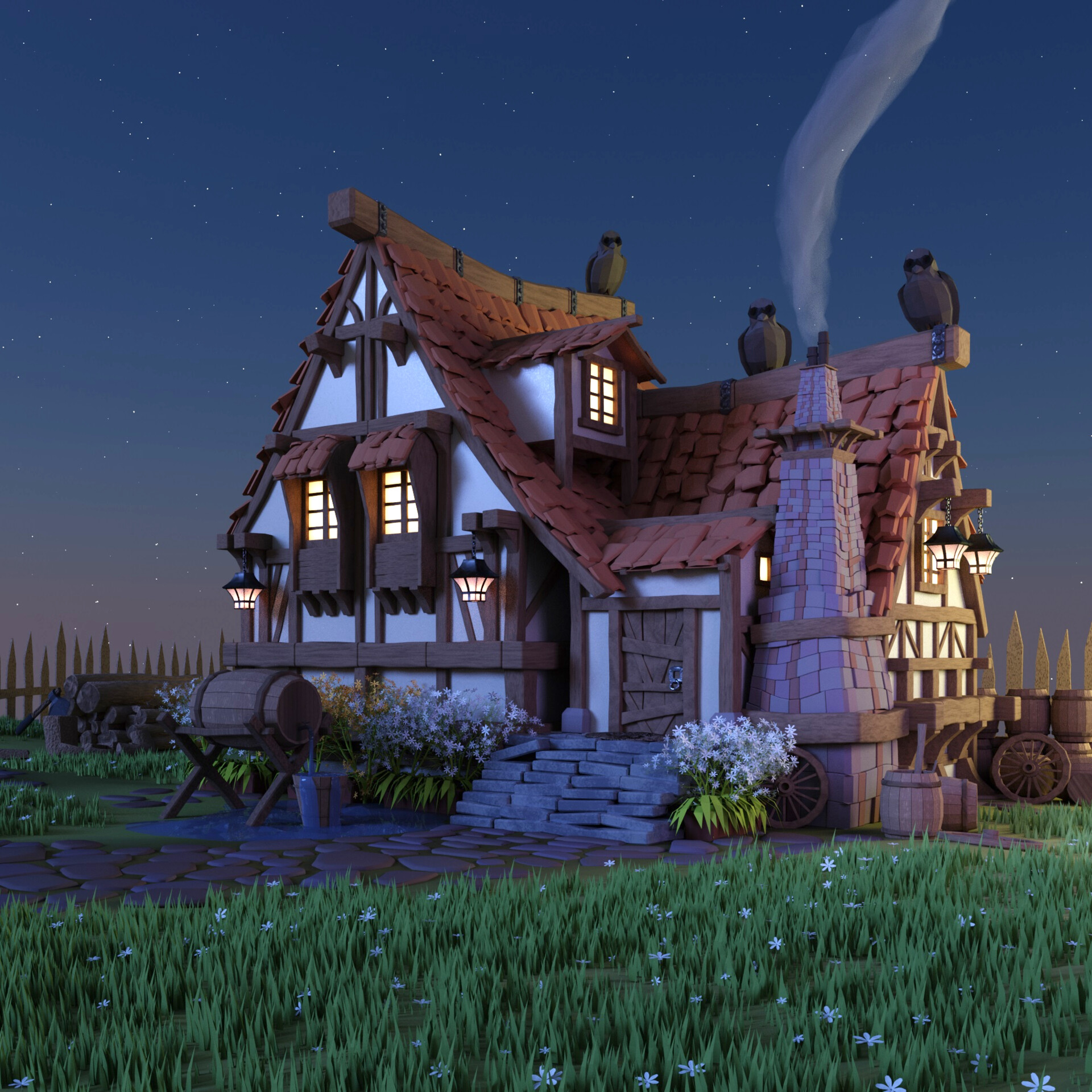 ArtStation - Medieval House - Night Low Poly Stylised