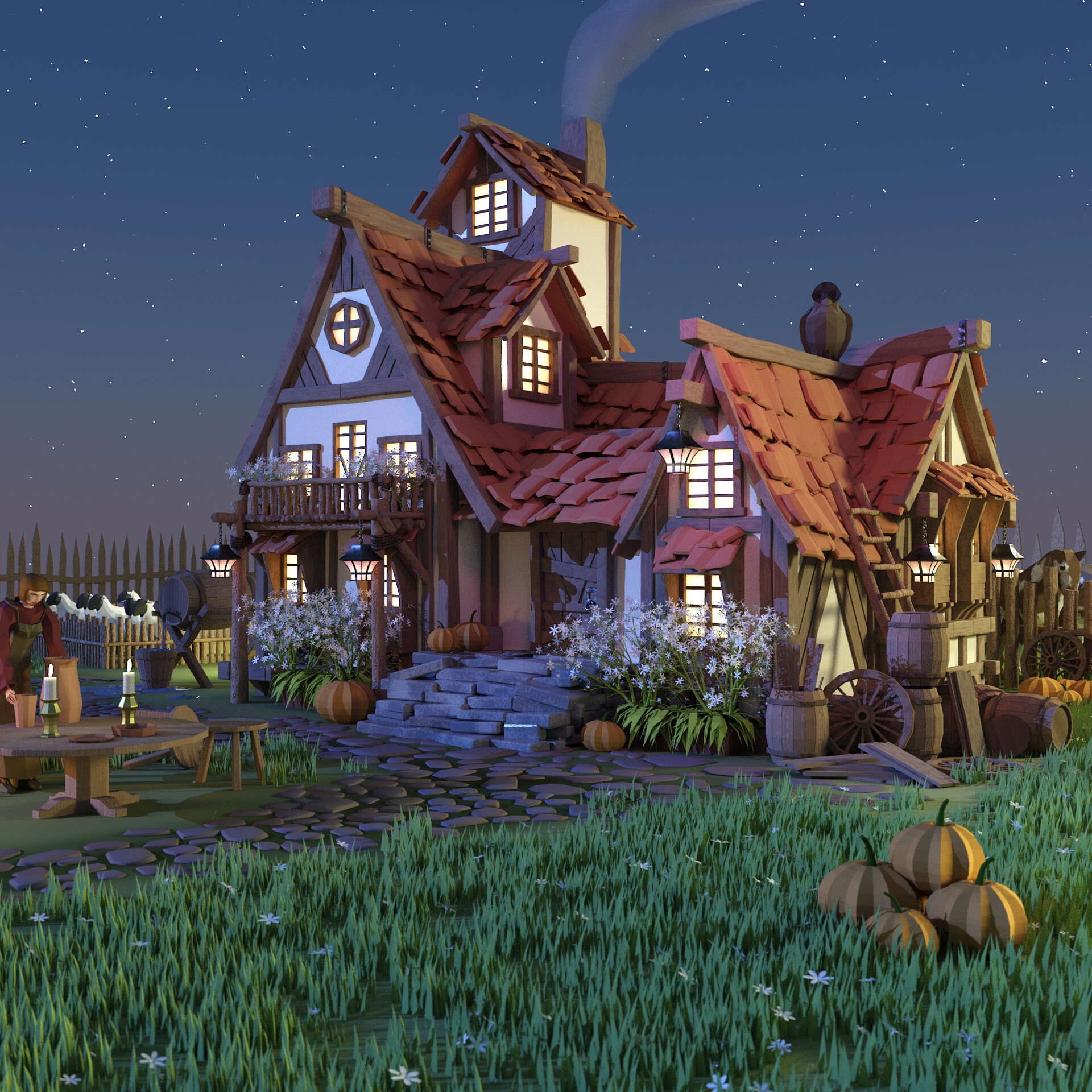 ArtStation - Medieval House 2 - Night Low Poly Stylised