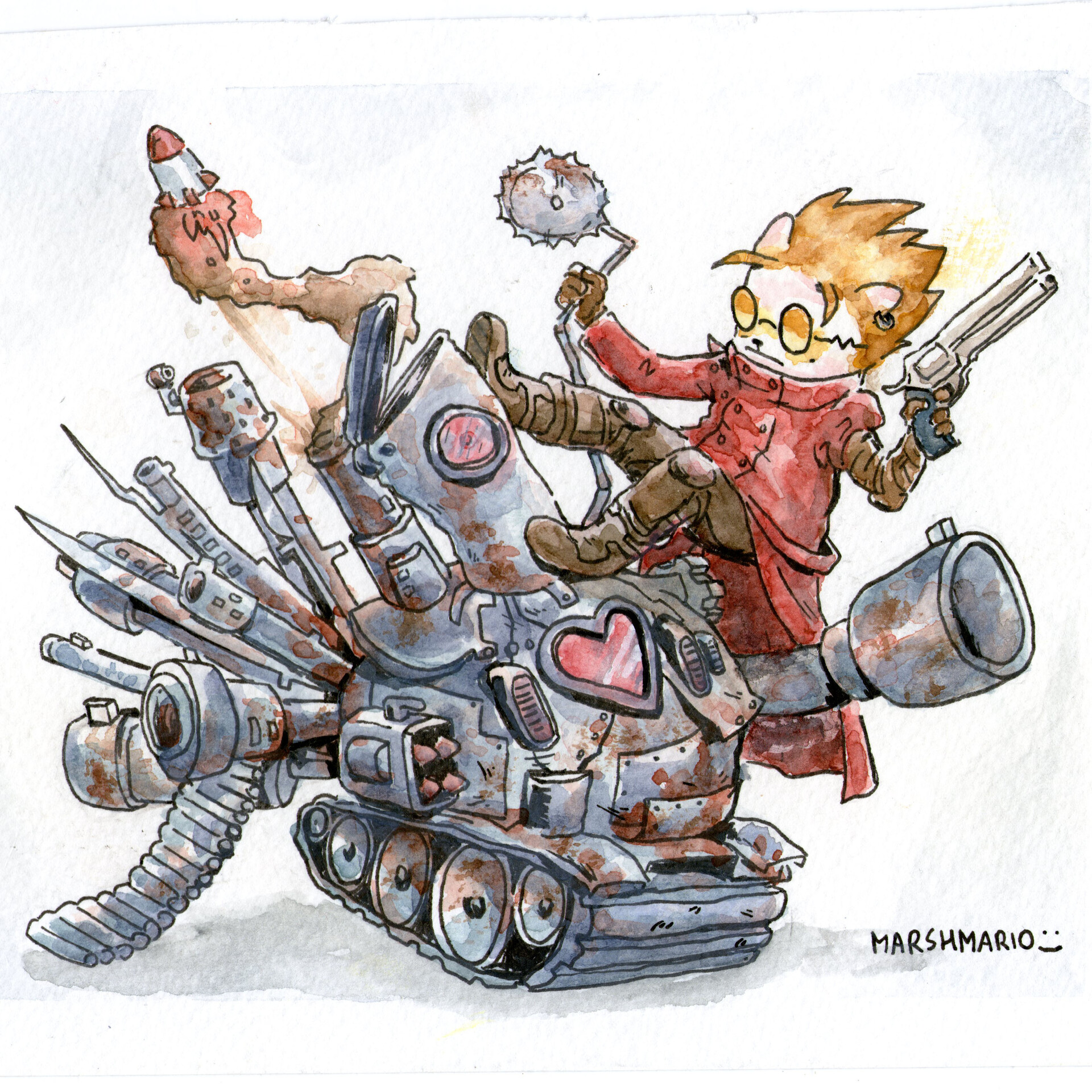 ArtStation - weaponized trigun cat, watercolor on paper