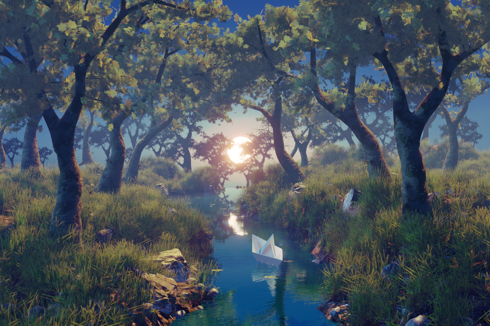 ArtStation - Paper boat crossing river