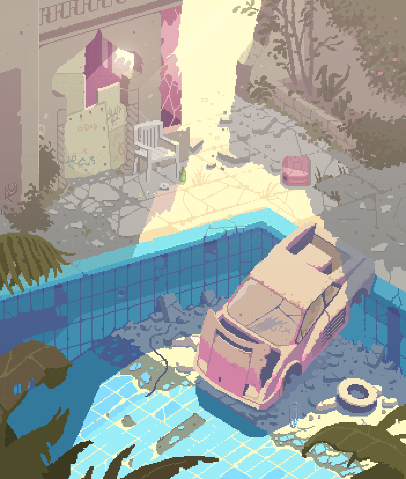 ArtStation - Abandoned swimming pool / pixel art environment