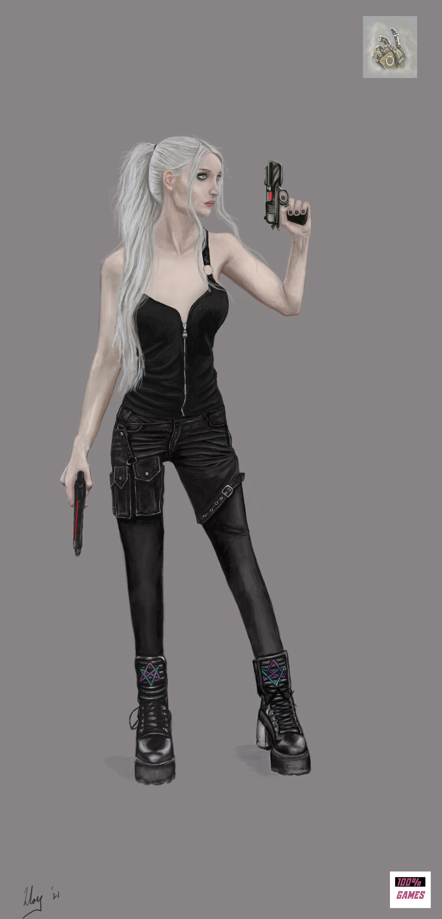 ArtStation - Tyra concept - Holding two guns in full cyber goth clothing