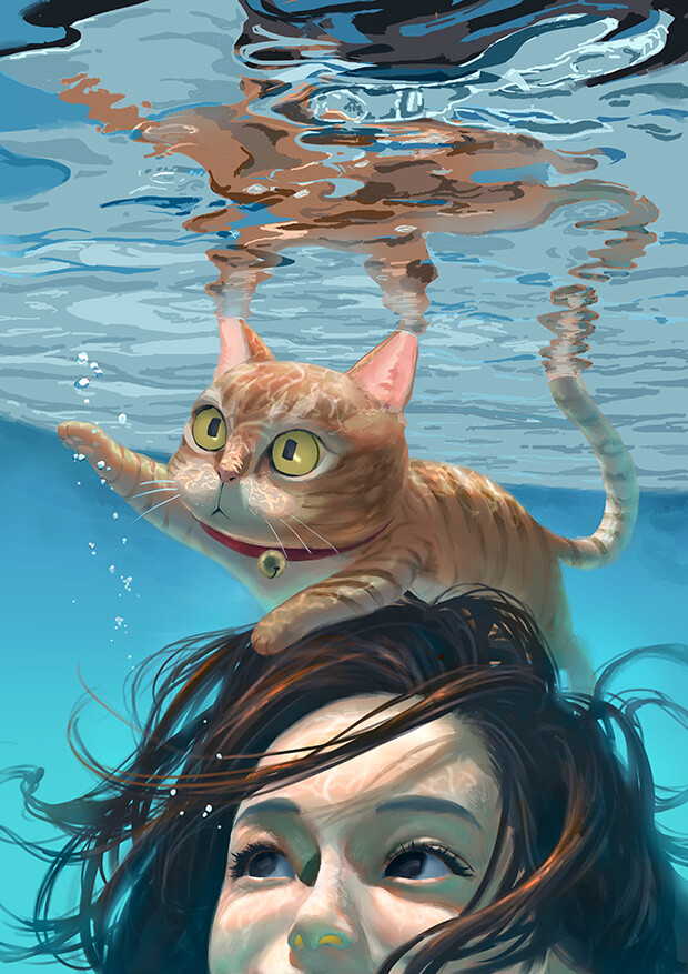 ArtStation - Girl & Cat - Underwater