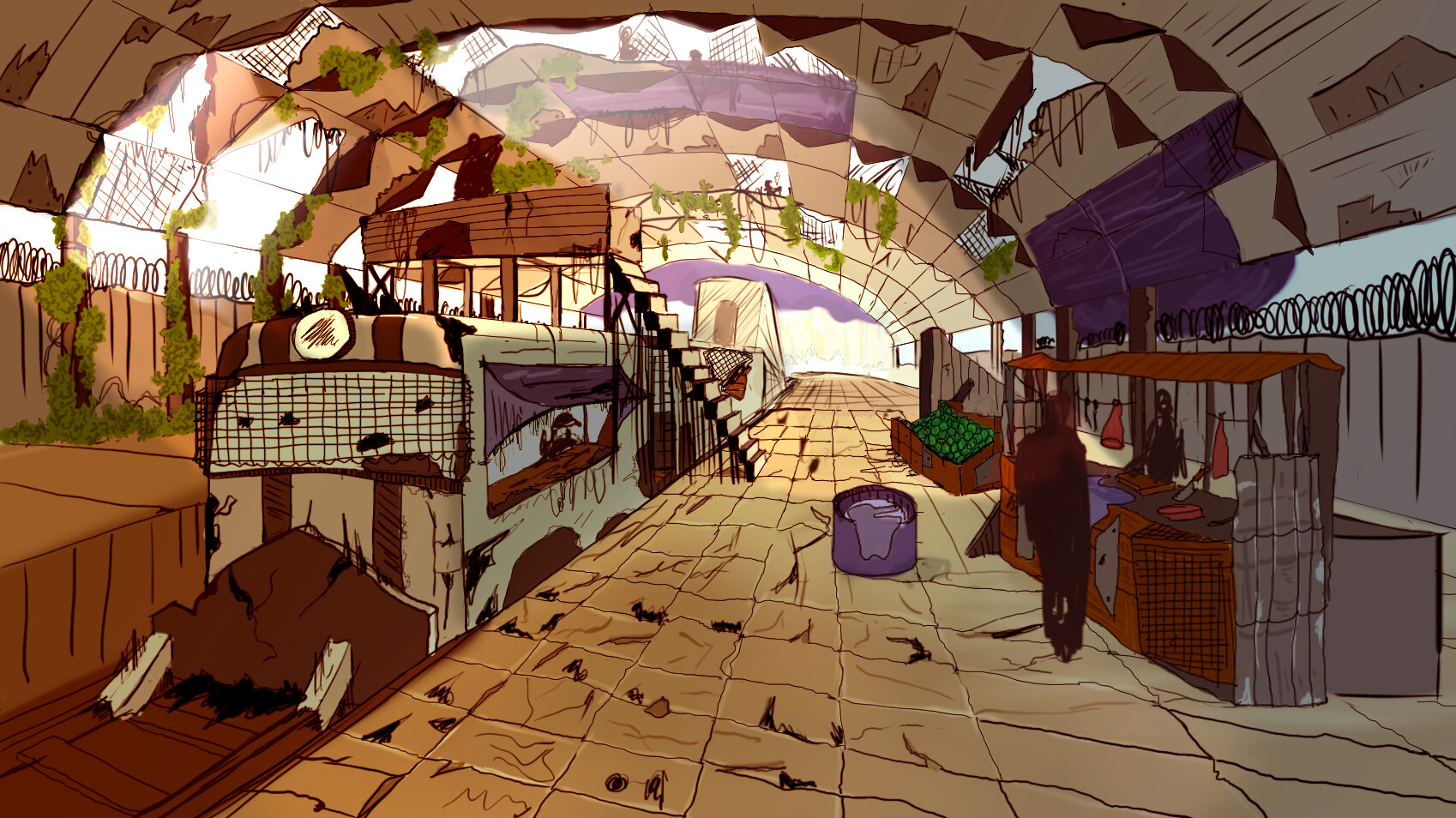 ArtStation - Post Apocalyptic Train station settlement.