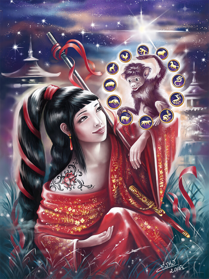 ArtStation - A girl in a red kimono with a monkey.