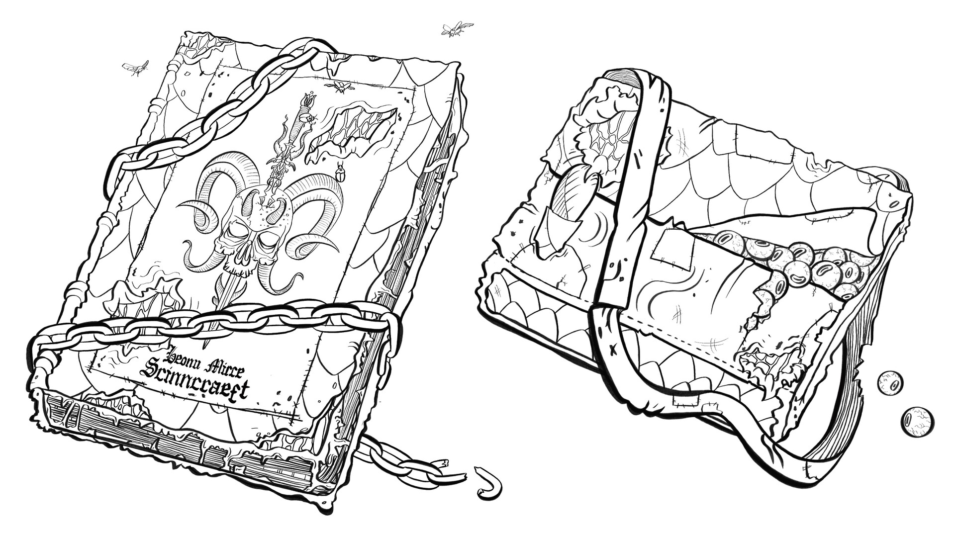 ArtStation - Demonic book & satchel lineart