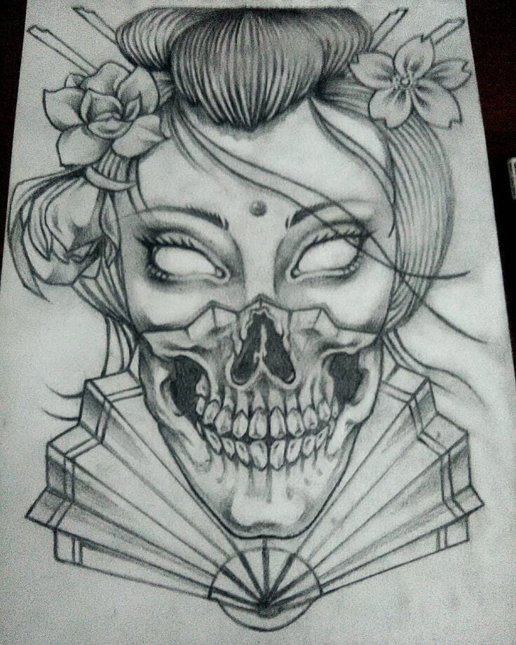 half skeleton head drawing