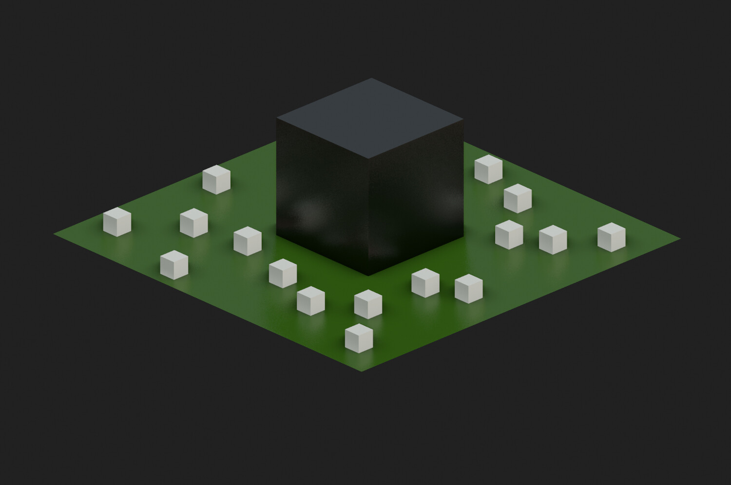 ArtStation - big, black box on green plane sorounded by small, white boxes