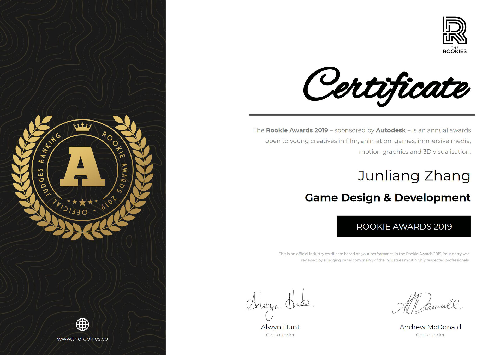 Junliang Zhang - Rookie Awards 2019 - Rank A Certificate