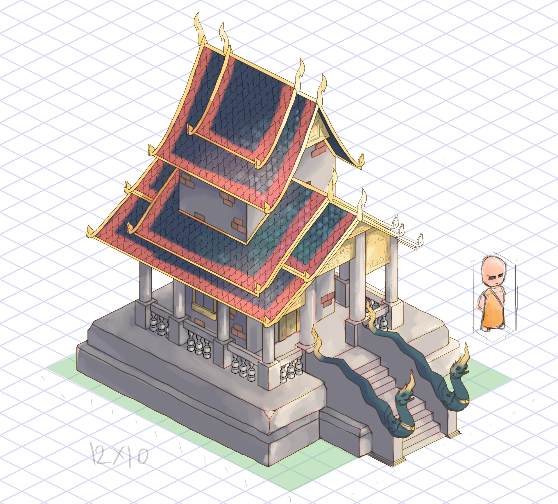 ArtStation - Isometric Thai temple and tree drawing
